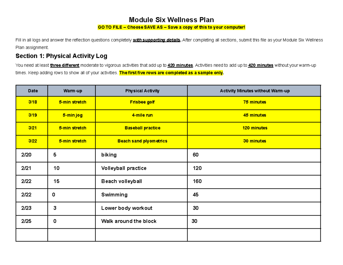 Module 6 Wellness Plan Assignment: Activities & Reflections - Studocu