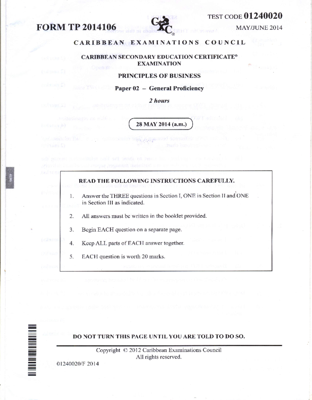 CSEC POB P2 2014 - Principles of Business Exam Paper Analysis - Studocu