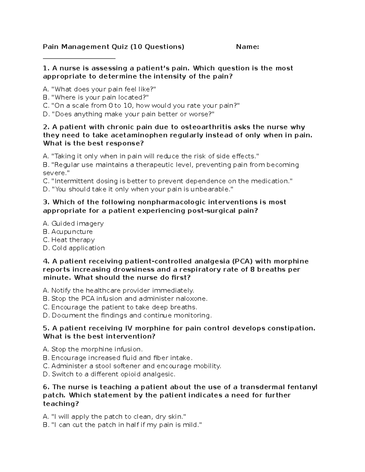 AH 3 Pain Management Quiz - Practice Questions (10 Items) - Studocu