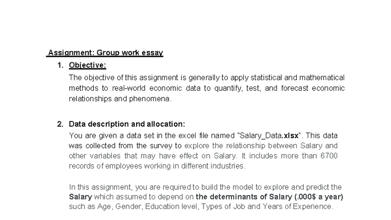 Assignment: Group Work Essay on Salary Prediction - Econometrics 11 ...