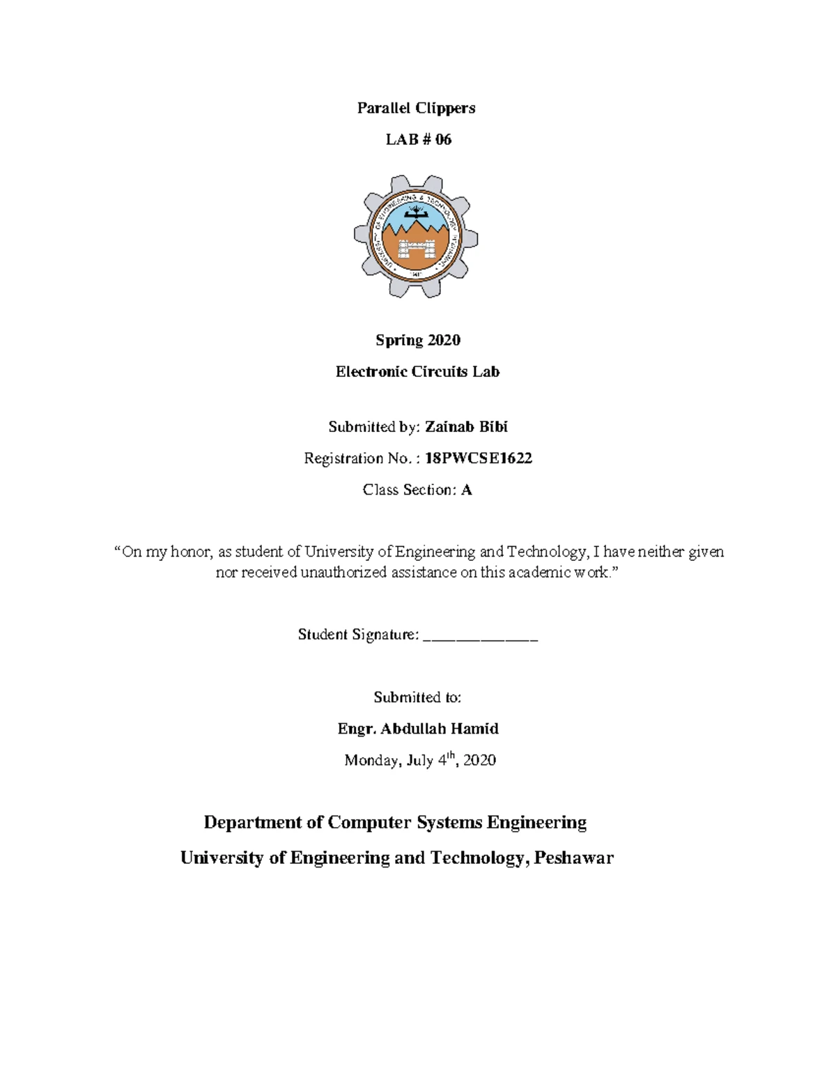 Lab5 - Lab report - Half Wave and Full Wave Rectification LAB # 05 Spring 2020 CSE-206 ...