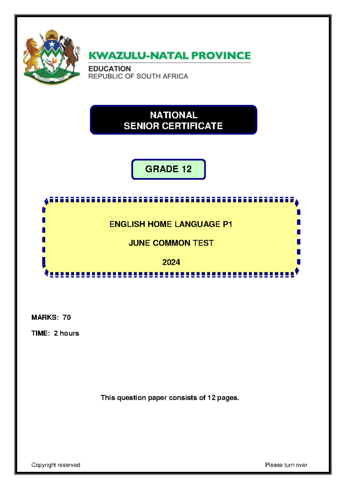 KZN Enghl JUNE 2024 Grade 12 Exam Paper 1 Question Paper - Studocu