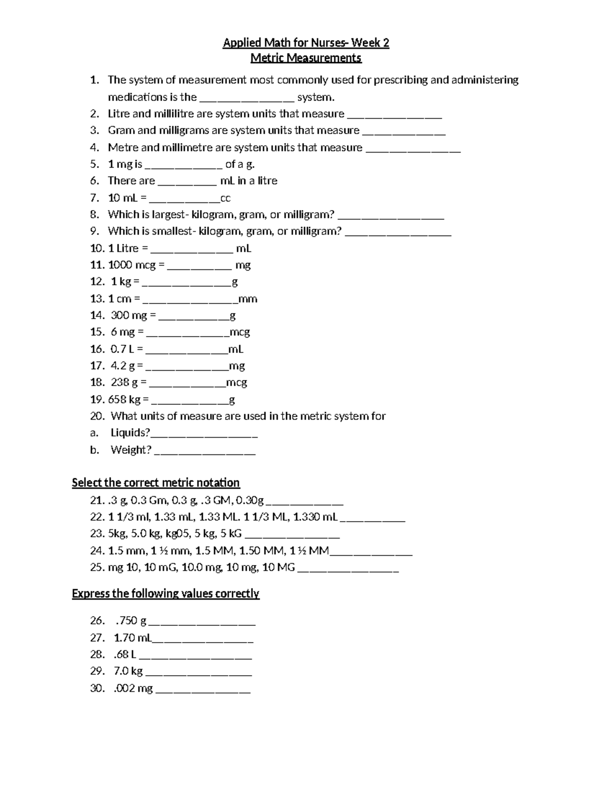 Applied Math (Week 2) - Metric Measurements Activity - Studocu