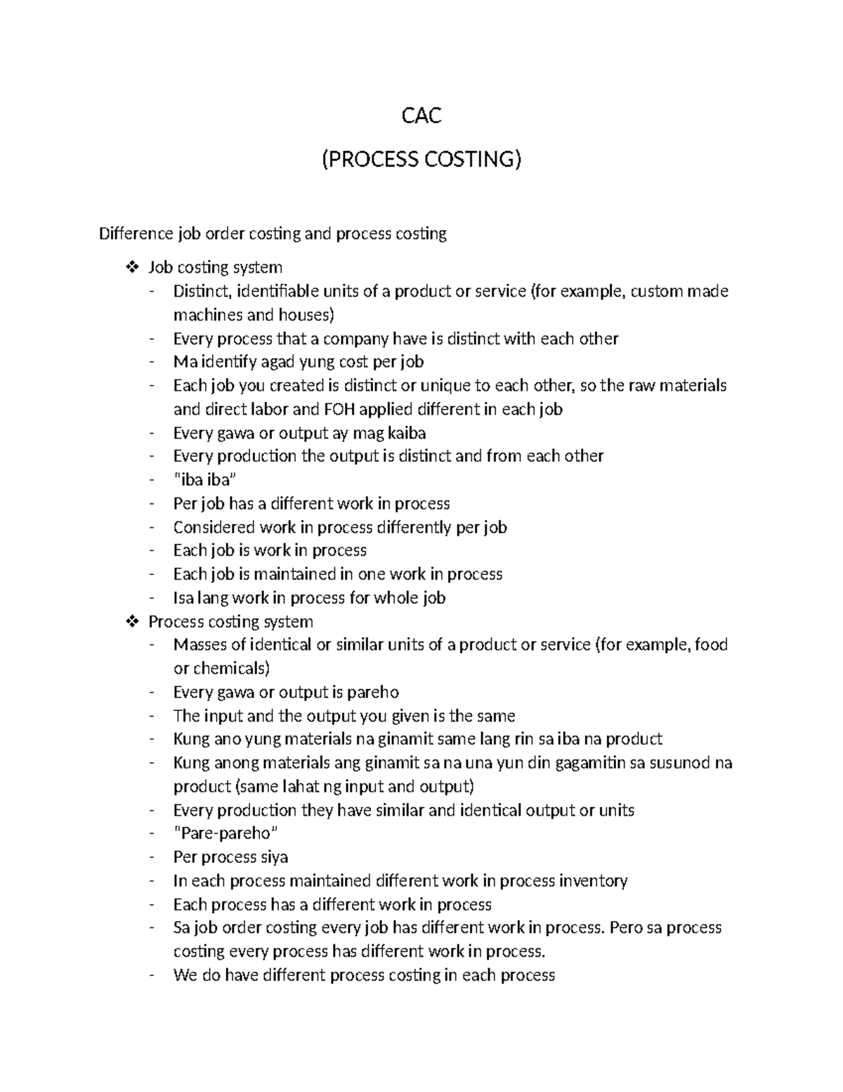CAC ( Process Costing) - cac - CAC (PROCESS COSTING) Difference job ...