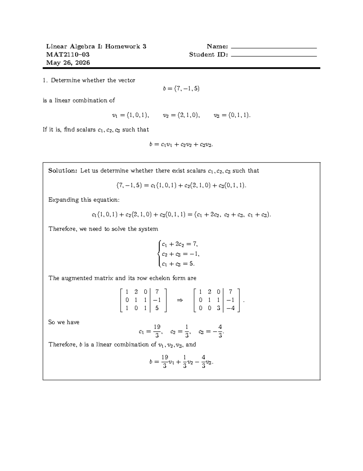 Linear Algebra I: Homework 3 Solutions and Explanations - Studocu