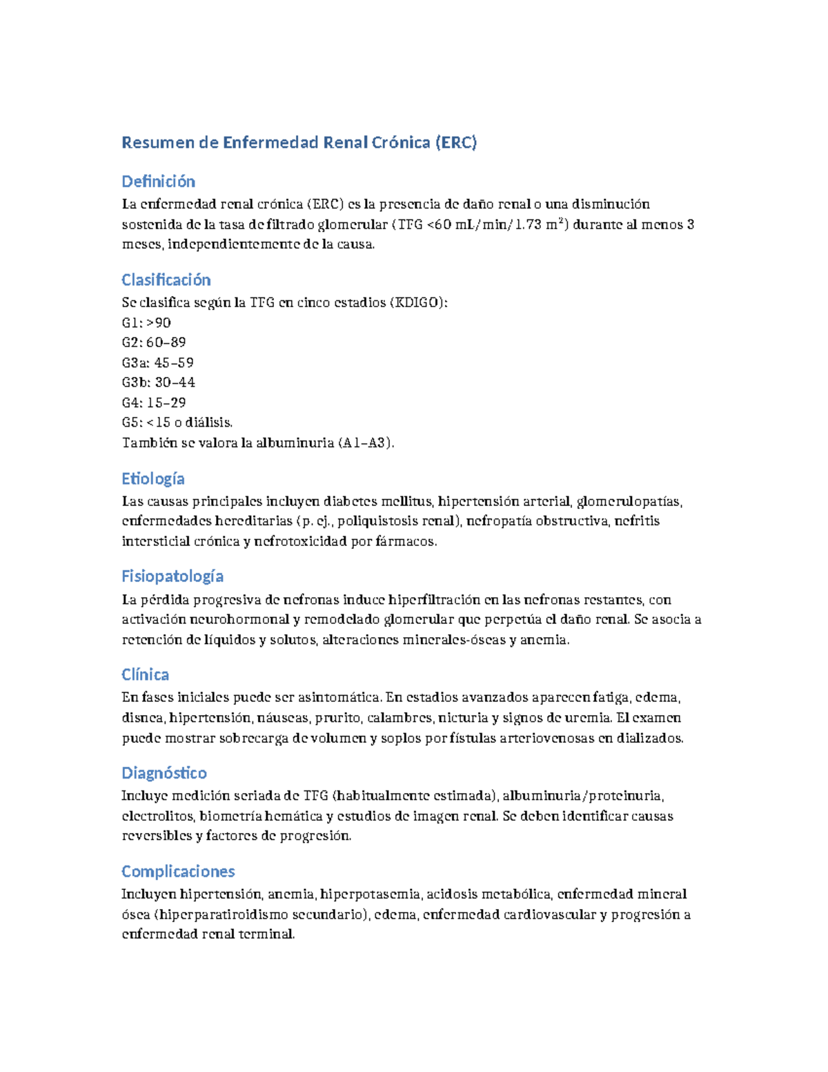 Resumen de Enfermedad Renal Crónica (ERC): Definición y Clasificación ...