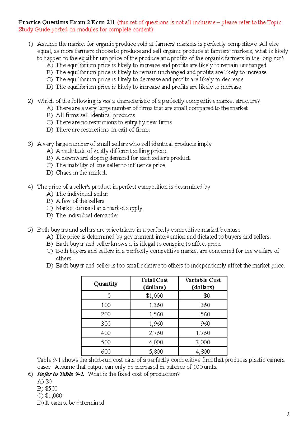 Econ 211 Practice Questions Exam 2 Covering Ch6-10 Concepts - Studocu