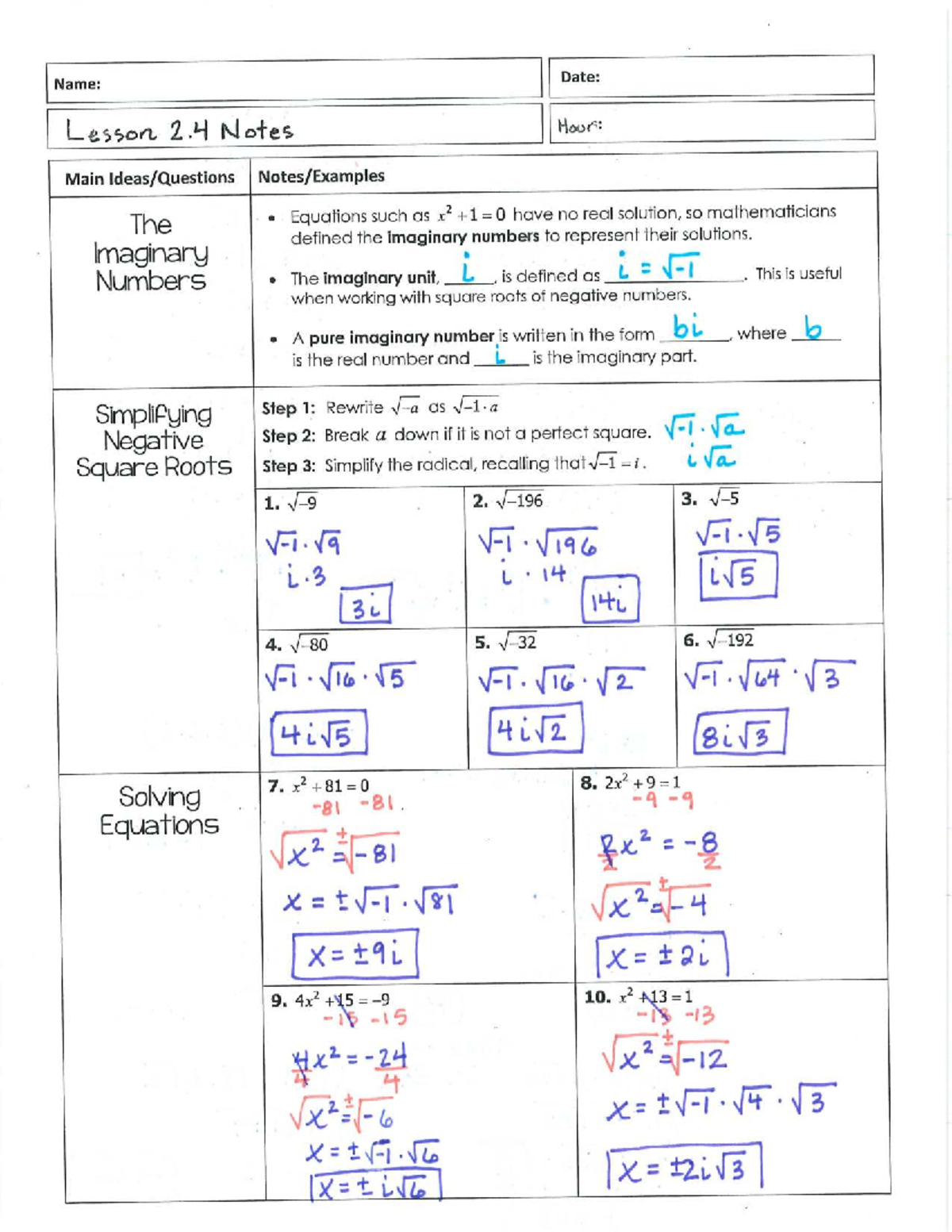 KEY Lesson 2.4 Imaginary Numbers & Equations Notes - Studocu