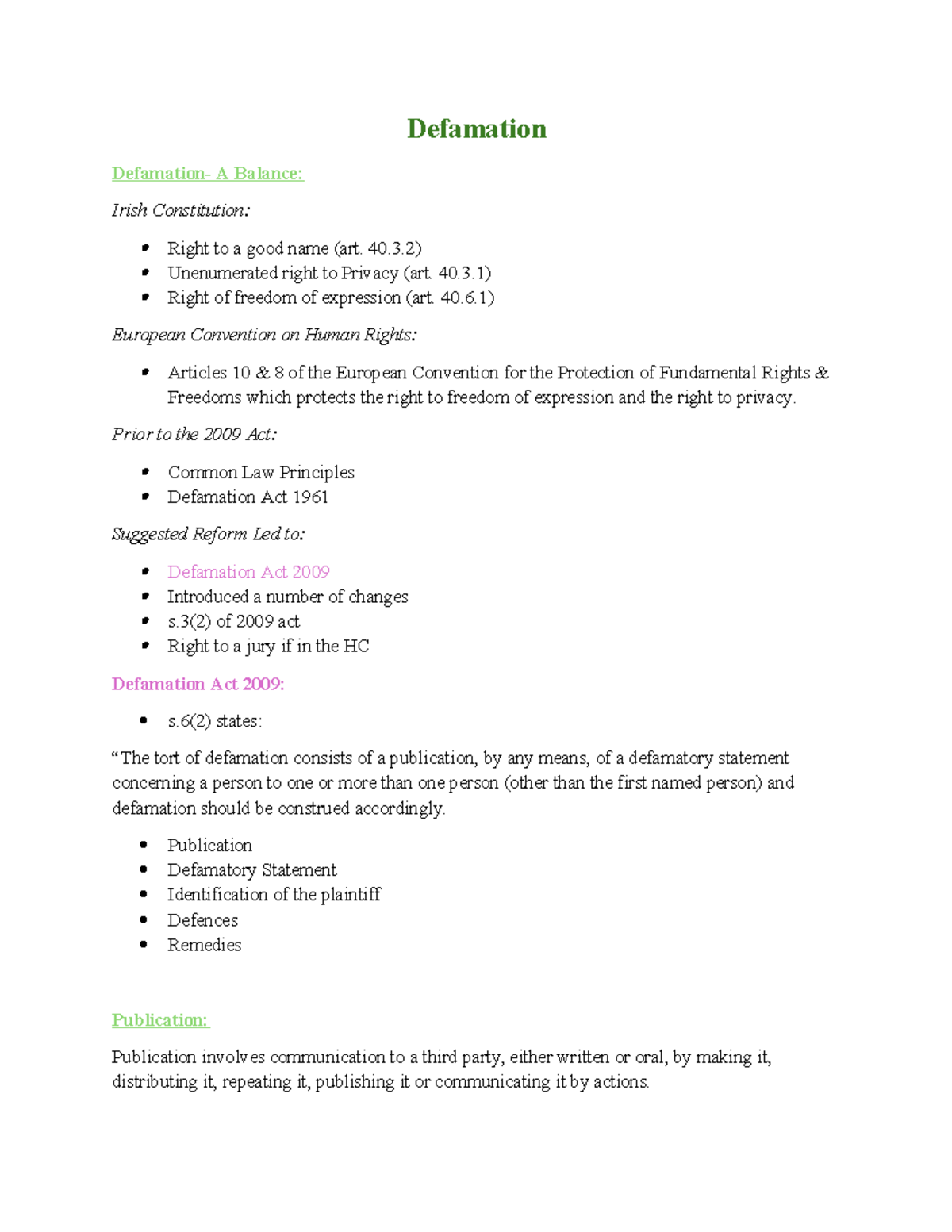 Defamation in Tort Law: Key Principles & Irish Legal Framework - Studocu