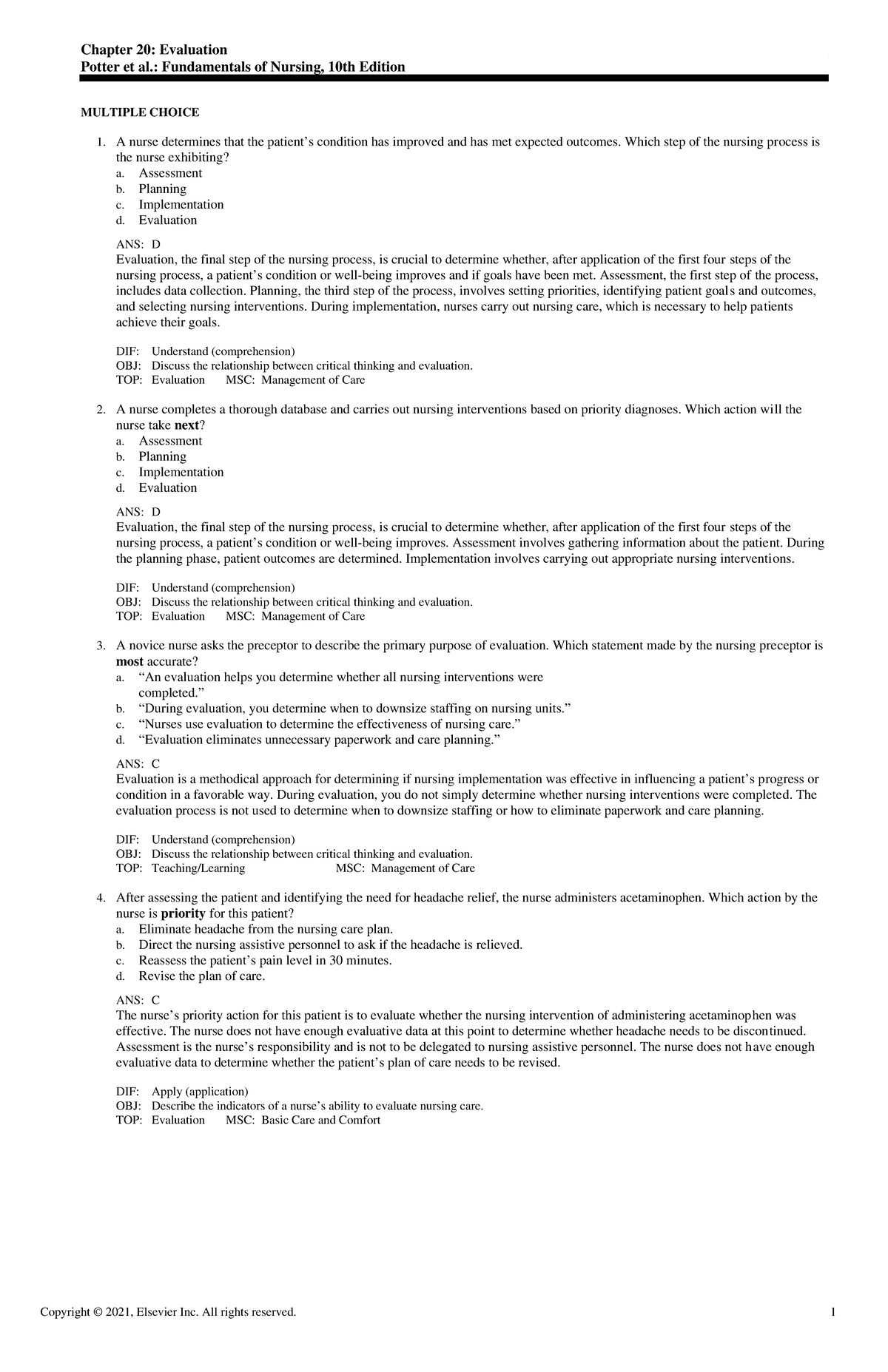 Fundamentals of Nursing - Exam View: Chapter 20 Evaluation Insights ...