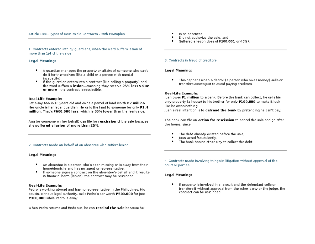 Article 1381: Types of Rescissible Contracts Explained with Examples ...
