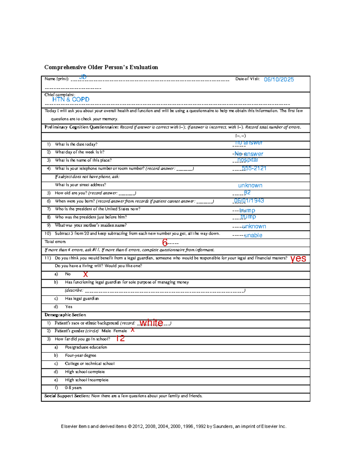 Comprehensive Older Evaluation: Health Assessment JD - Studocu