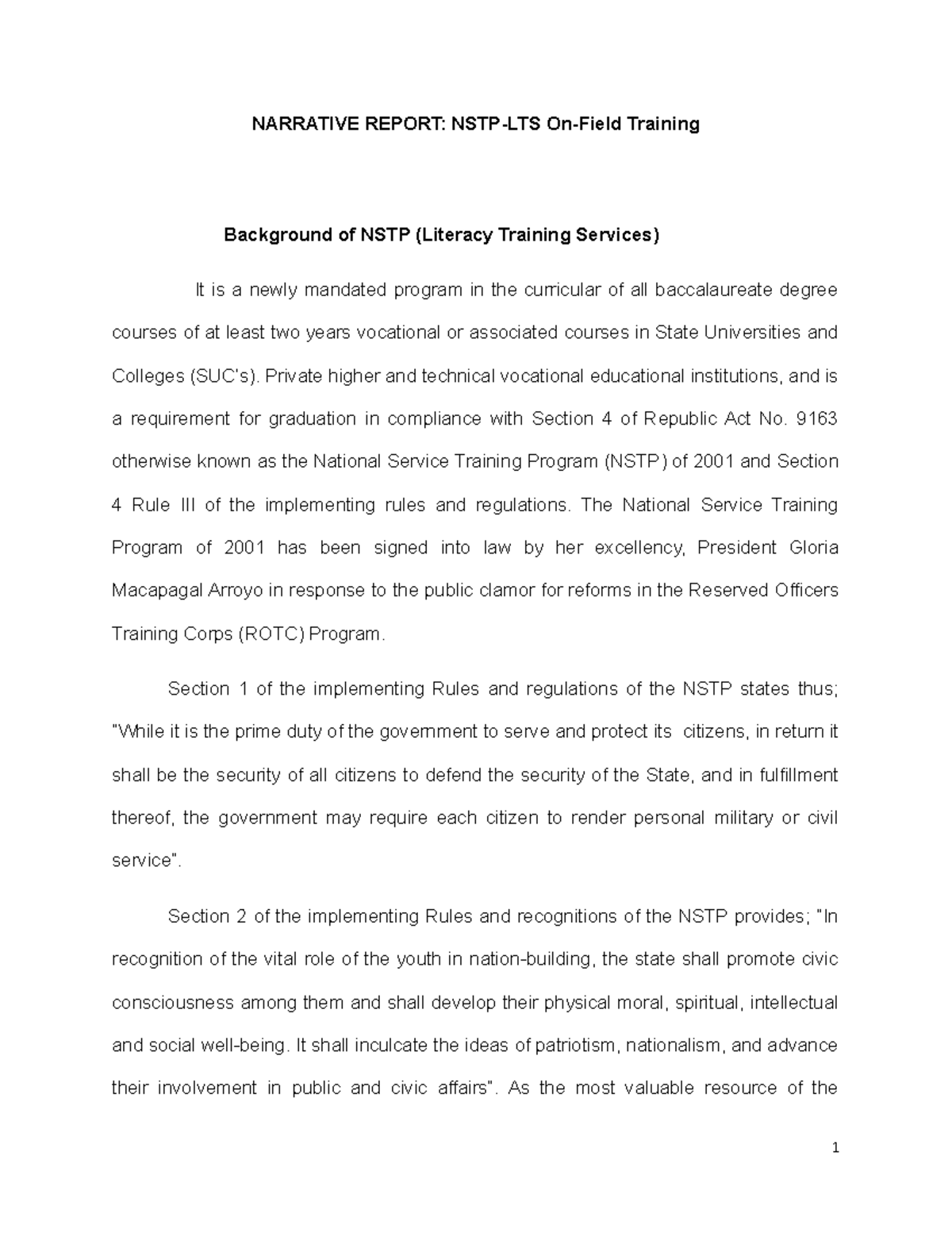 NSTP - Narrative Report on LTS On-Field Training Activities - Studocu