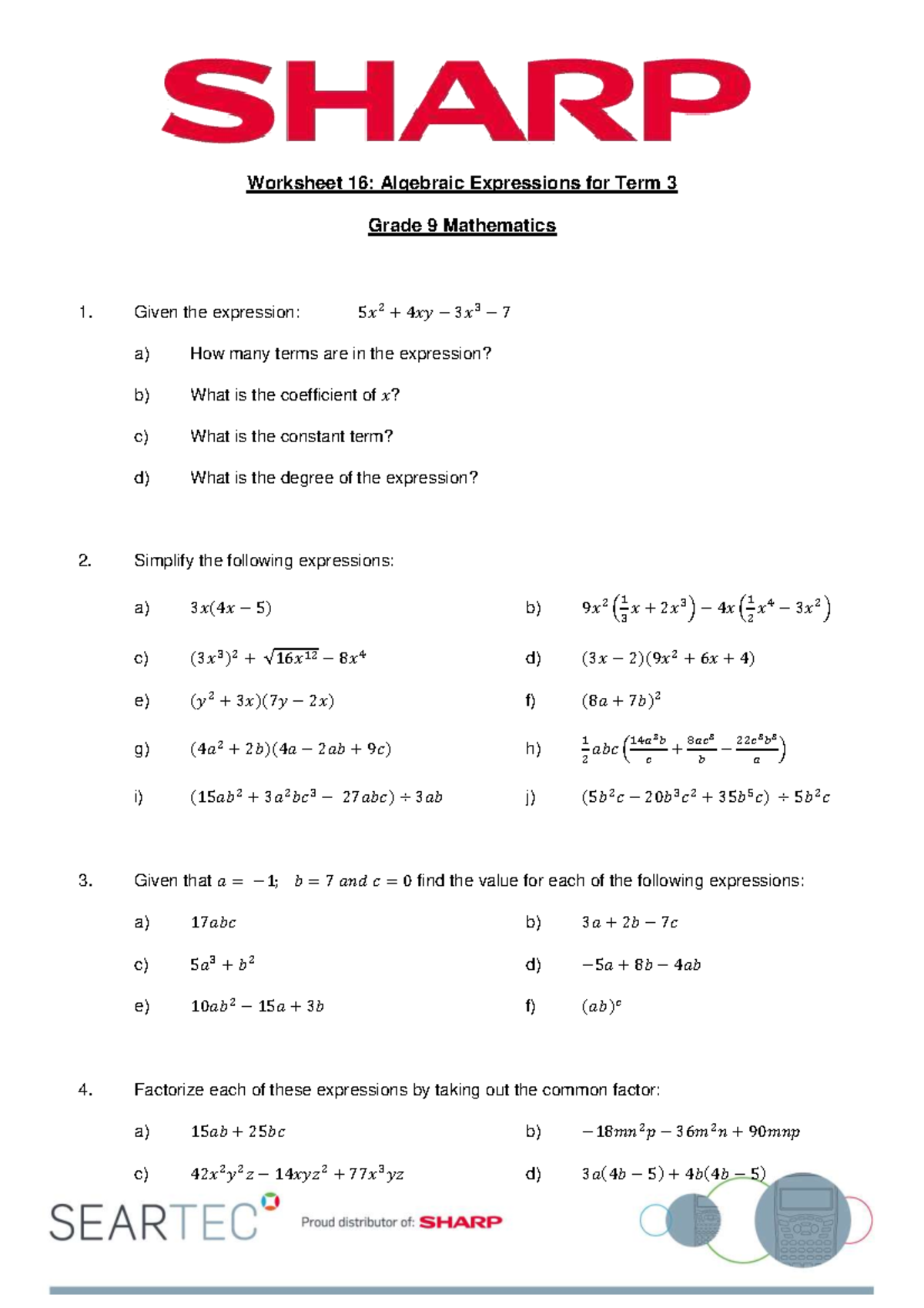 Worksheet 16: Algebraic Expressions for Term 3 Grade 10 Math - Studocu