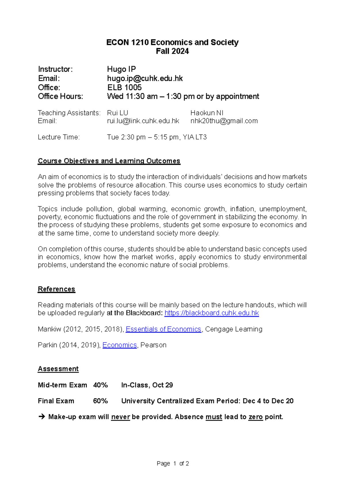 ECON 1210 Fall 2024 Course Outline and Assessment Details - Studocu