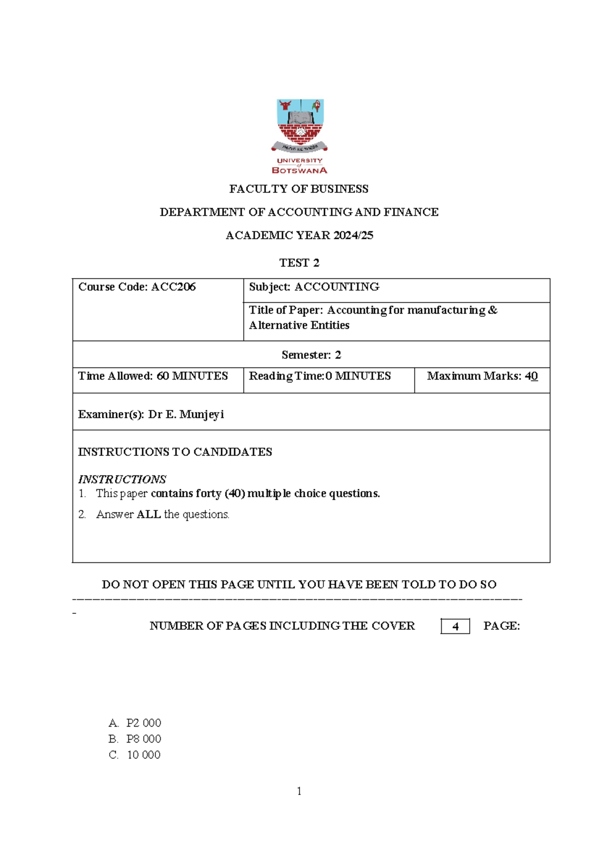 ACC206 Test 2: Accounting for Manufacturing Alternative Entities - Studocu