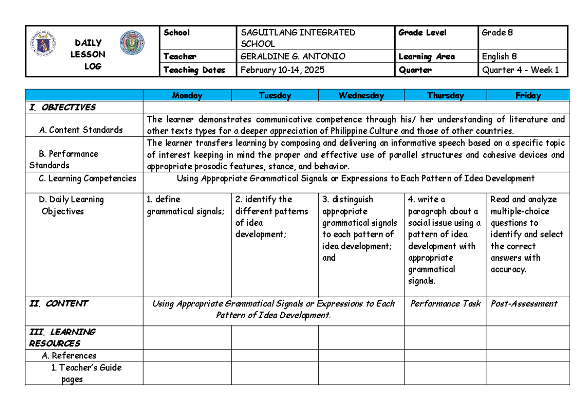 4TH WEEK 1 - Lesson Plan in English 8 - DAILY LESSON LOG School ...
