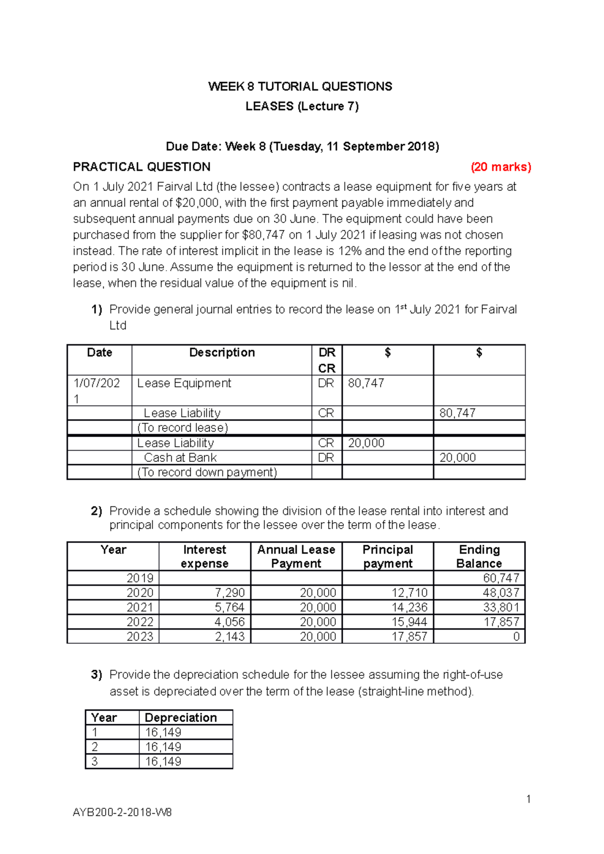 AYB200-2-2018 W8 Tutorial Questions - WEEK 8 TUTORIAL QUESTIONS LEASES ...