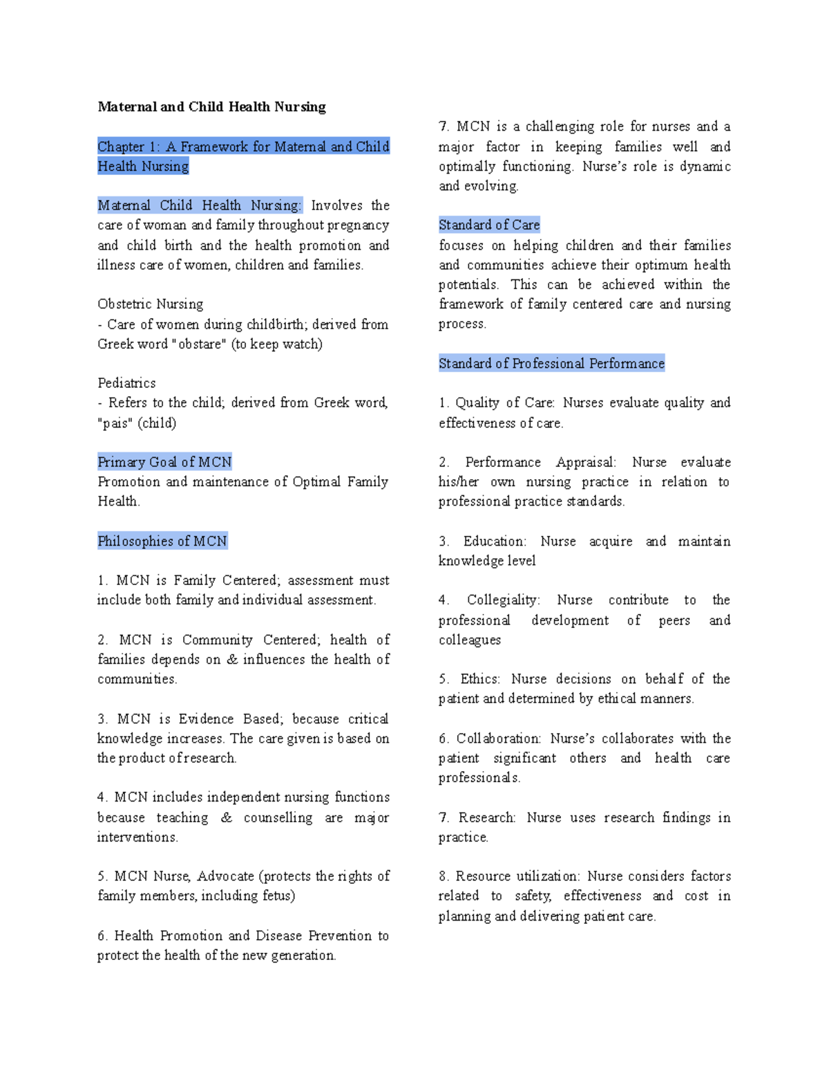 NCMC 1 - Maternal and Child Health Nursing: Framework Overview - Studocu
