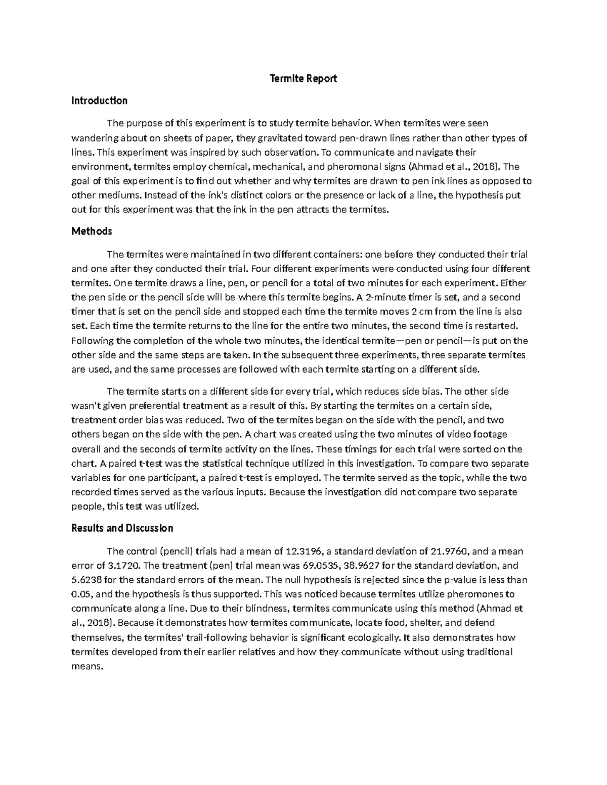 Bio 155 - termite behavior experiment report and analysis - Studocu