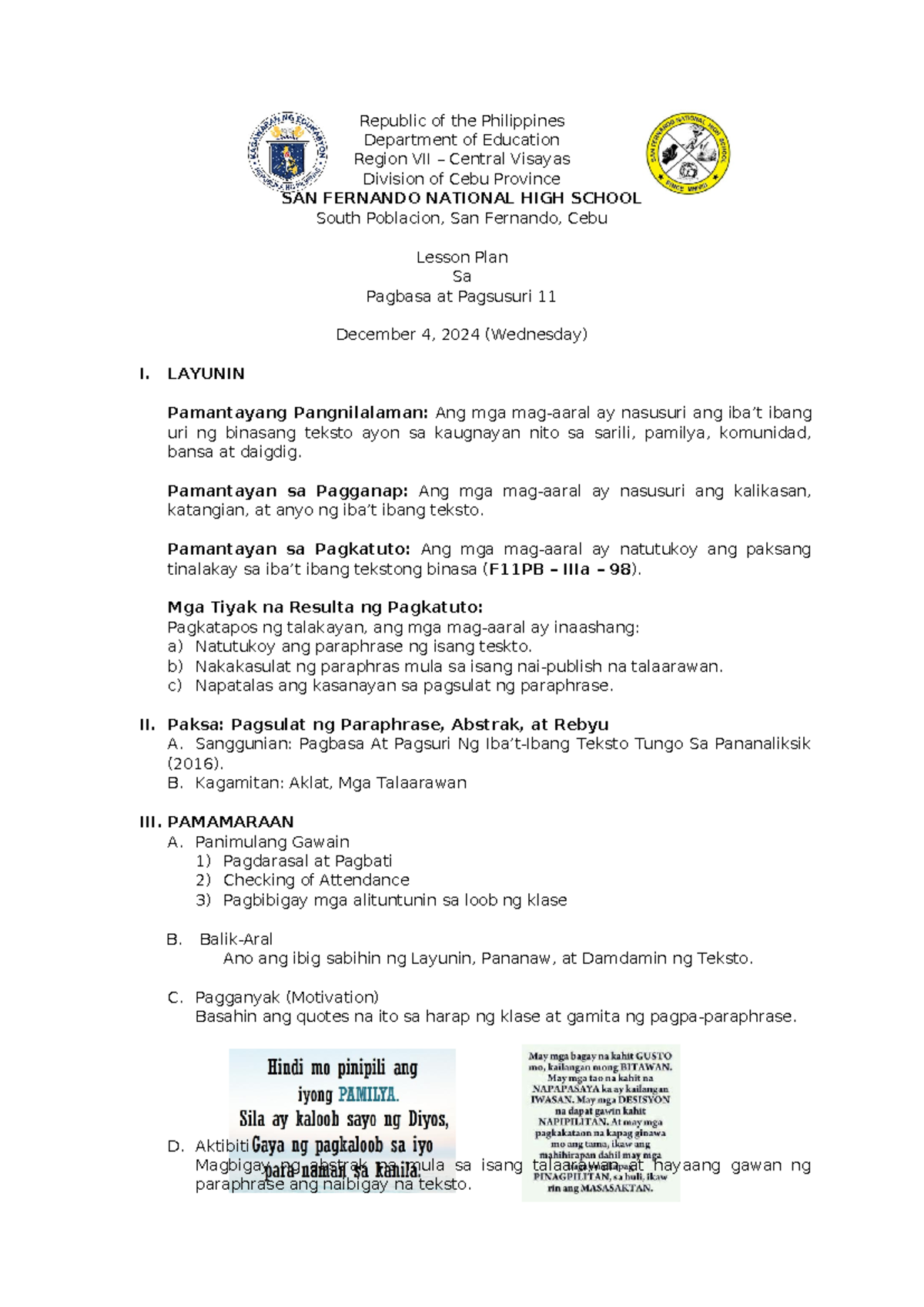 420935487 Lesson Plan in PAgbasa at Pagsusuri - Republic of the ...