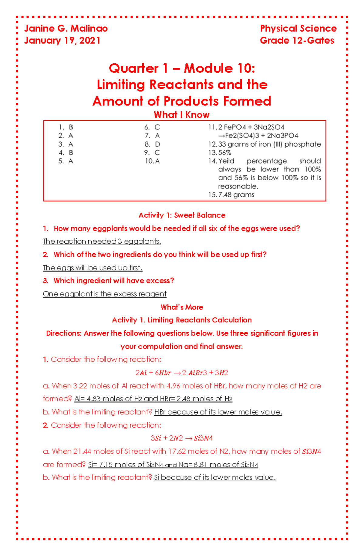 Physical Science Module 10 - Quarter 1 – Module 10: Limiting Reactants ...