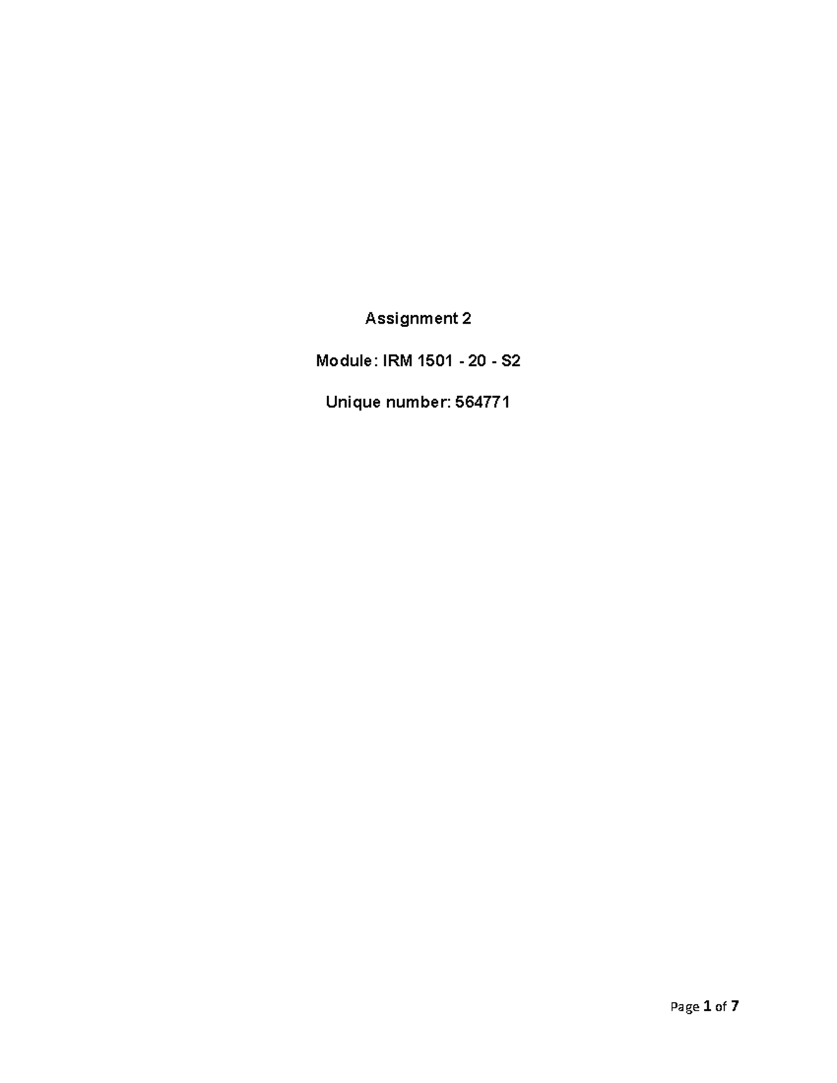 IRM1501, Assignment 2 - Index - Assignment Module: IRM 1501 - 20 - S Unique number: 1. Question ...