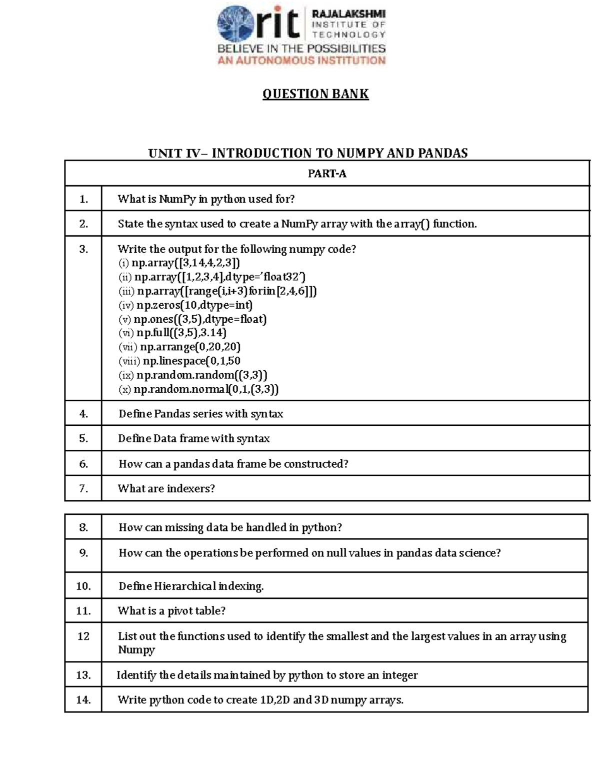 Question Bank Unit IV V: NumPy & Pandas Concepts and Applications - Studocu