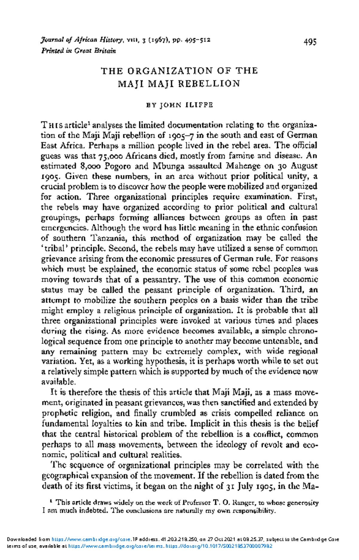 The organization of the maji maji rebellion - Journal of African ...
