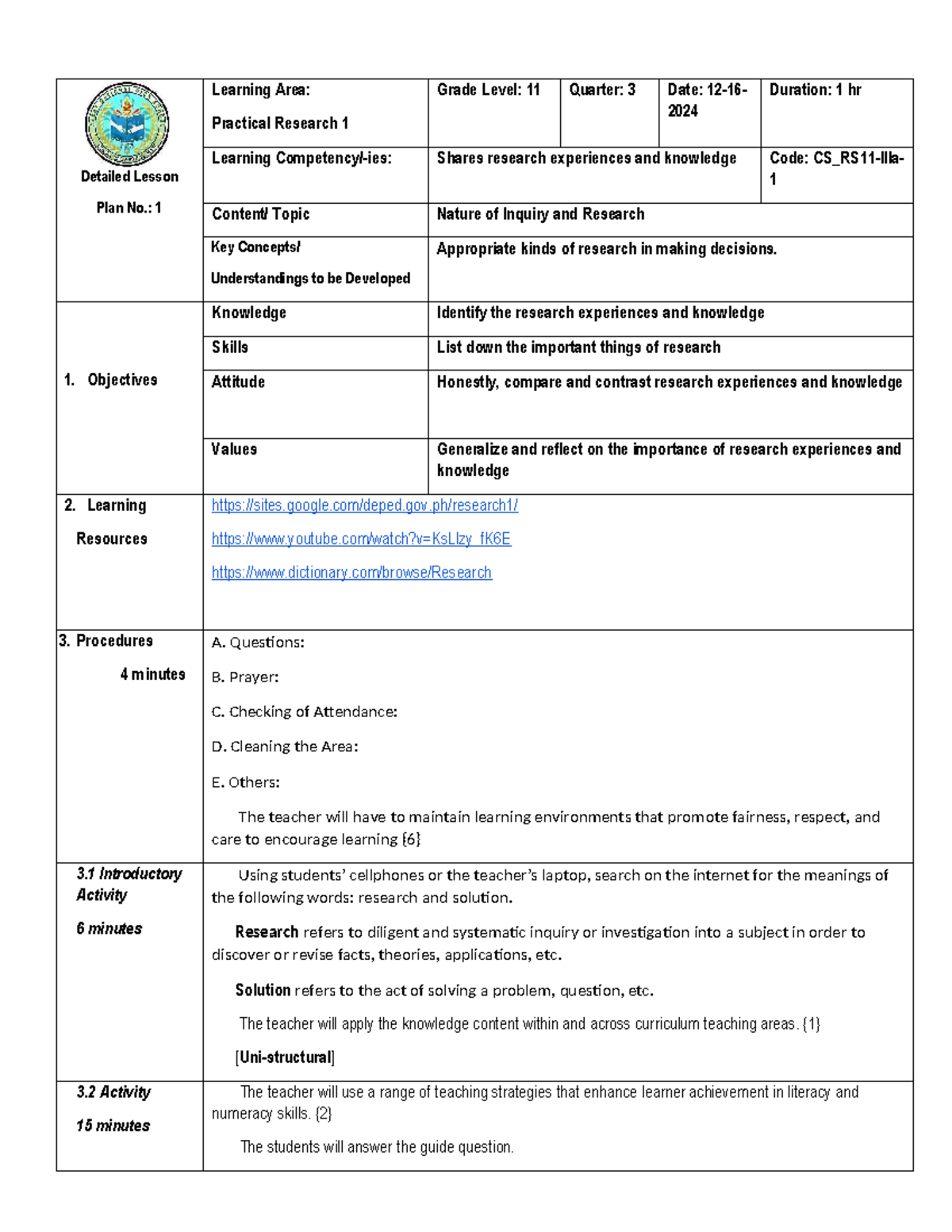 Practical Research 1 (Grade 11) Detailed Lesson Plan - Day 1 - Studocu