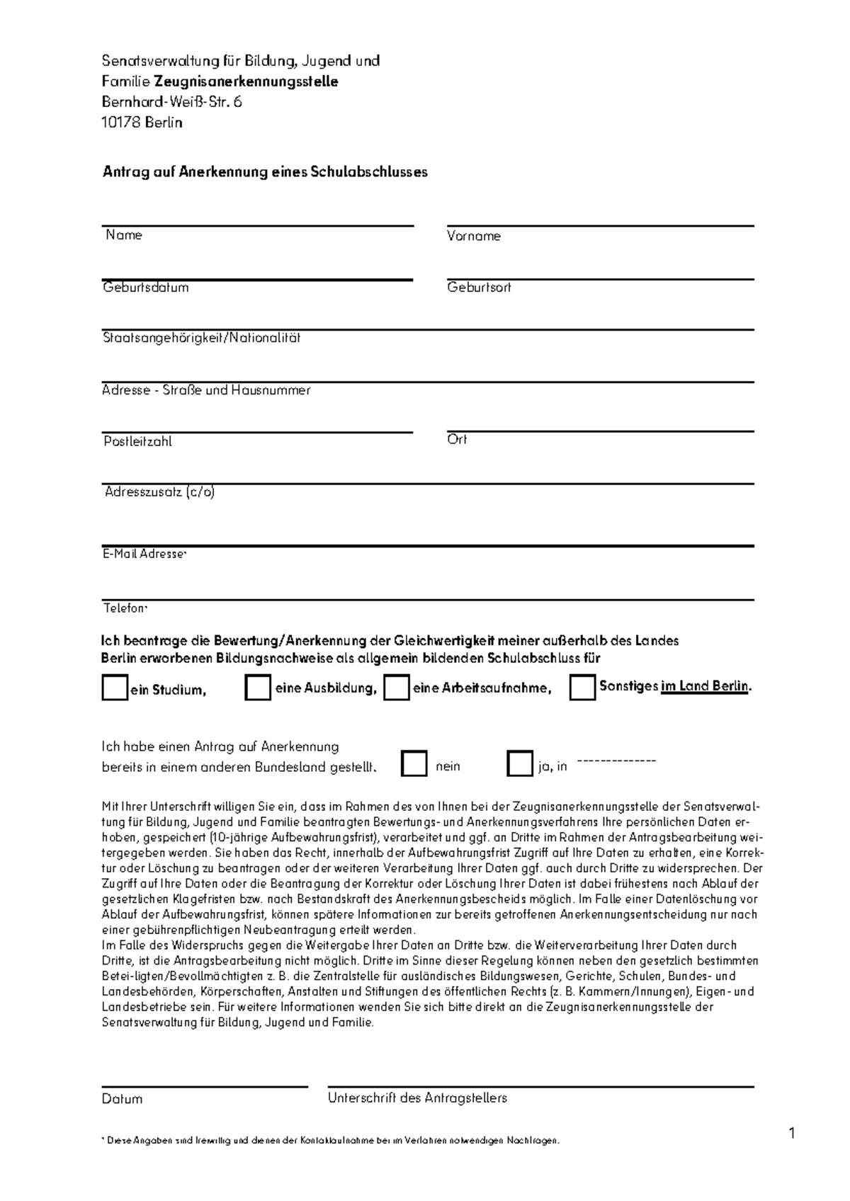 Antrag auf Anerkennung eines Schulabschlusses - Formular zur ...