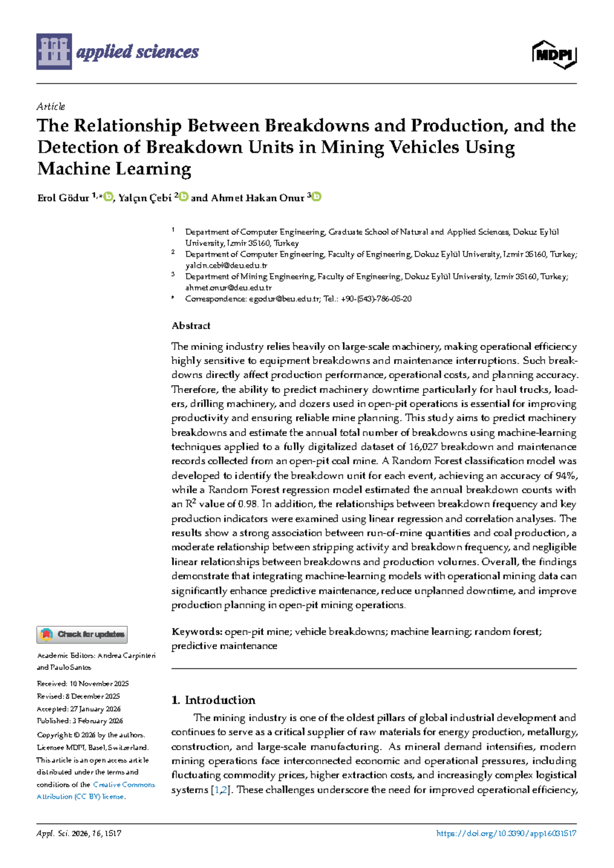Appl. Sci. 2026, 16, 1517 - Predictive Maintenance of Mining Vehicles ...