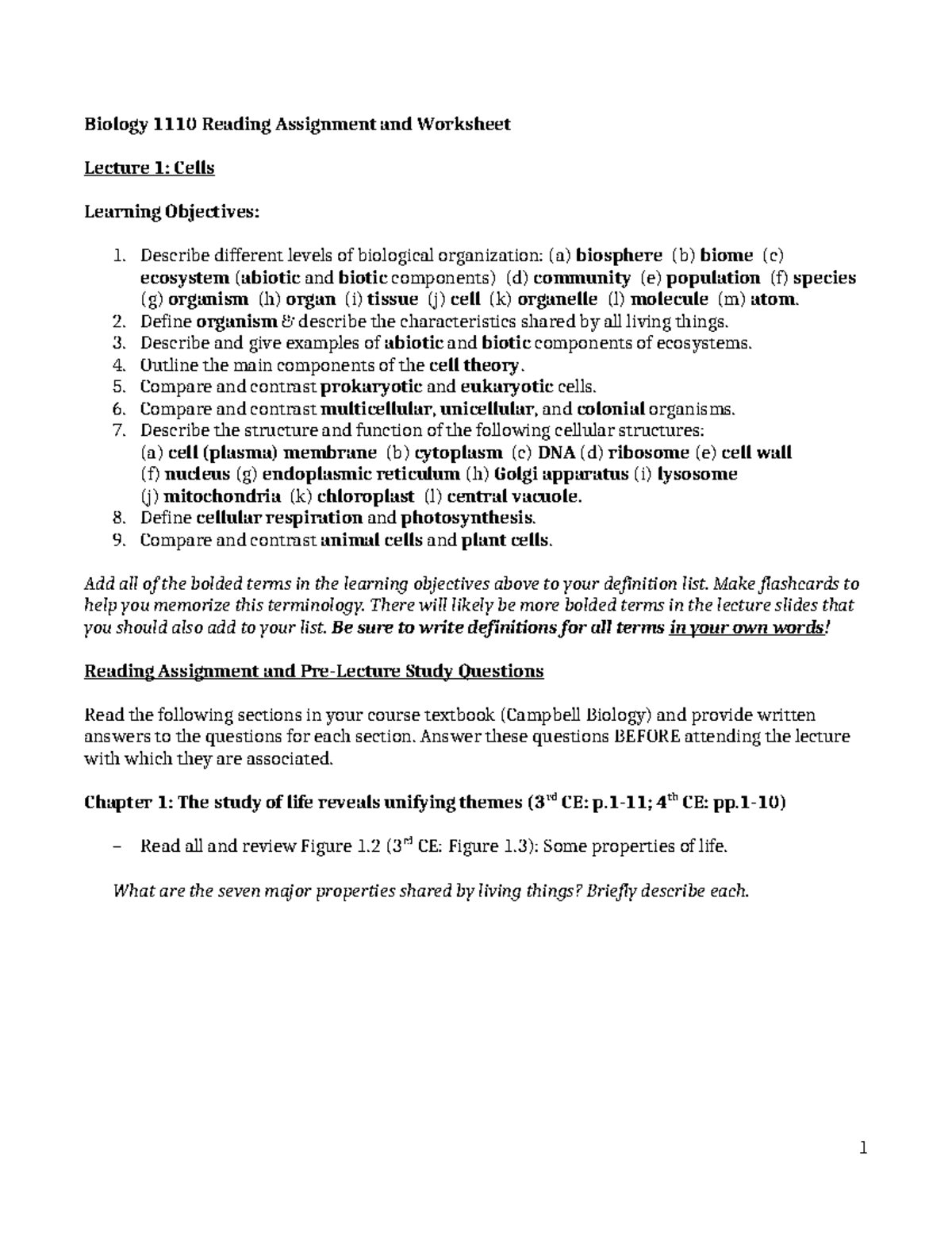 Biology 1110: Cells Lecture Worksheet & Reading Assignment - Studocu