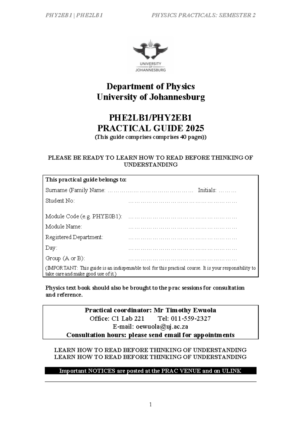 Practical Guide 2025 for PHY2EB1 & PHE2LB1 Physics Practicals - Studocu