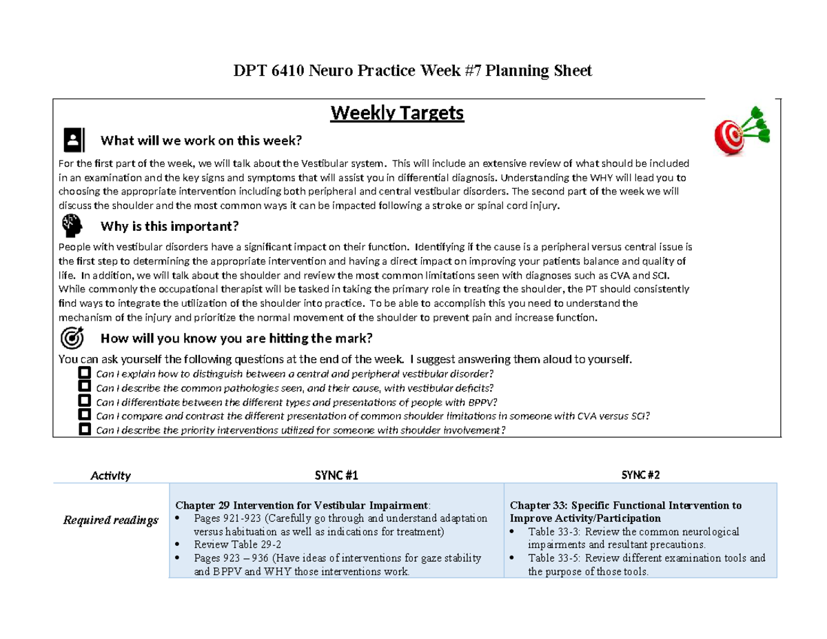 DPT 6410 Neuro Practice Week 7: Vestibular & Shoulder Focus - Studocu