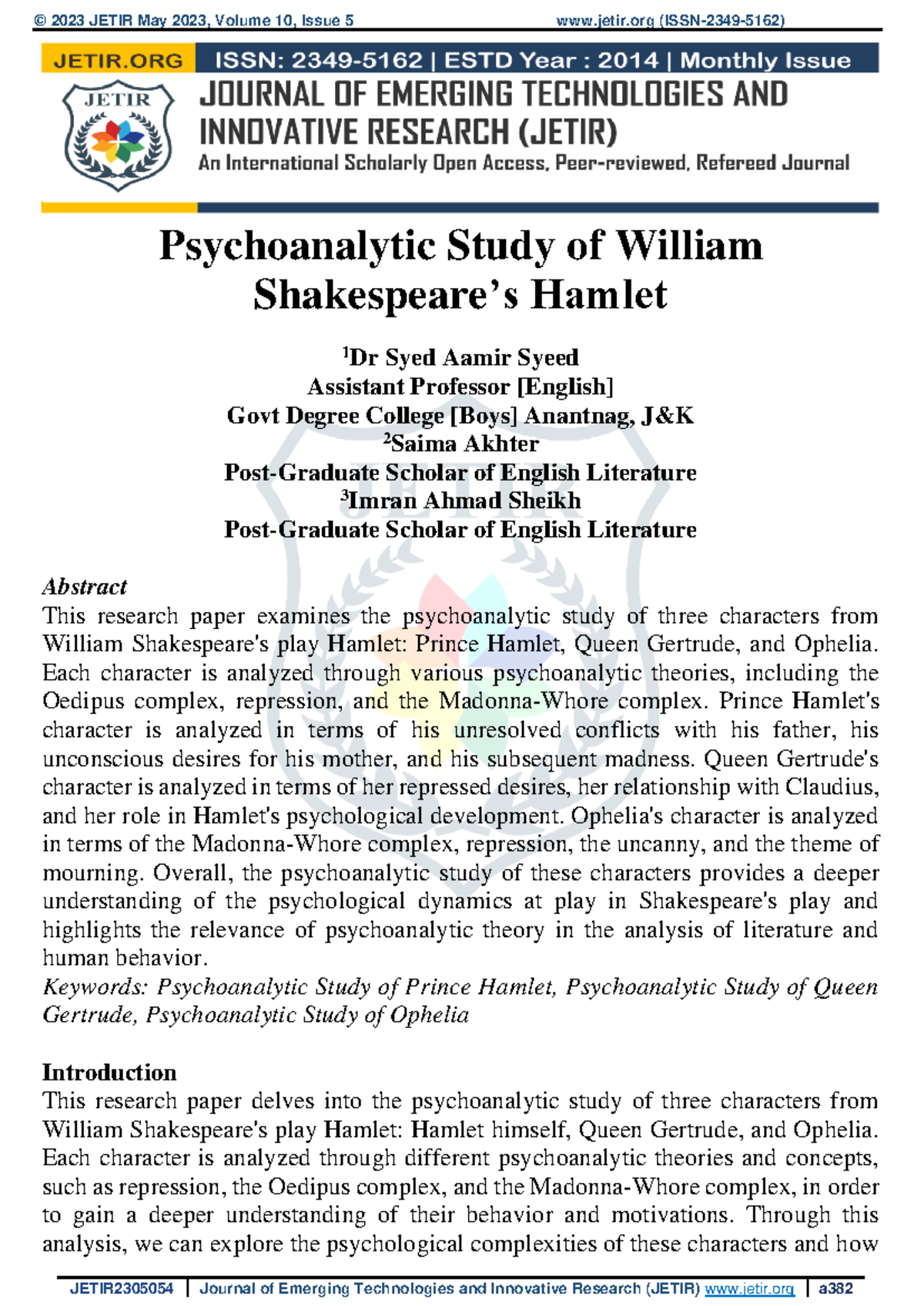 Psychoanalytic Analysis of Hamlet, Gertrude & Ophelia (JETIR2305054 ...