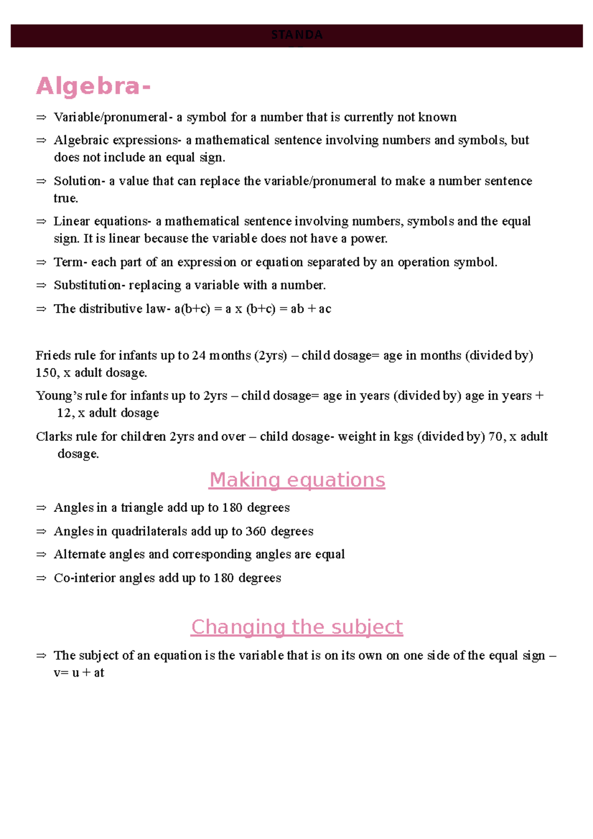 Algebra Revision Notes for Effective Exam Preparation - Studocu