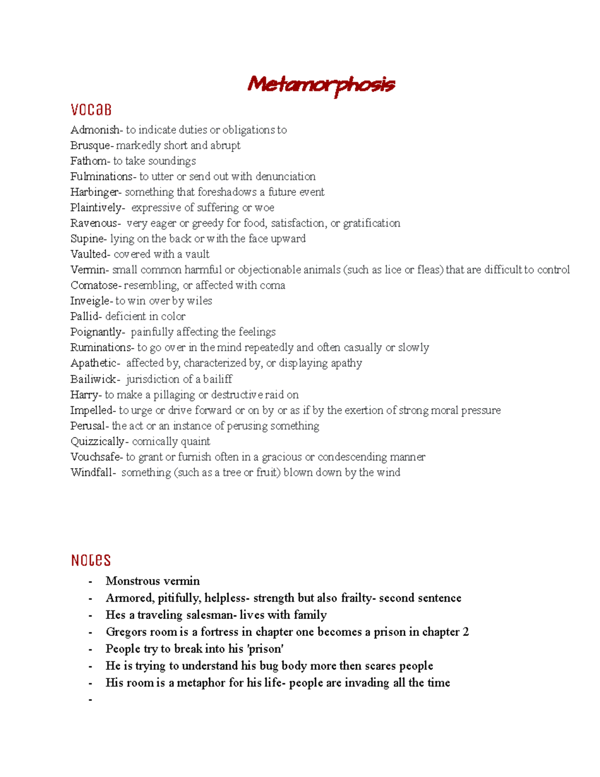 Metamorphosis - Metamorphosis Vocab Admonish- to indicate duties or ...