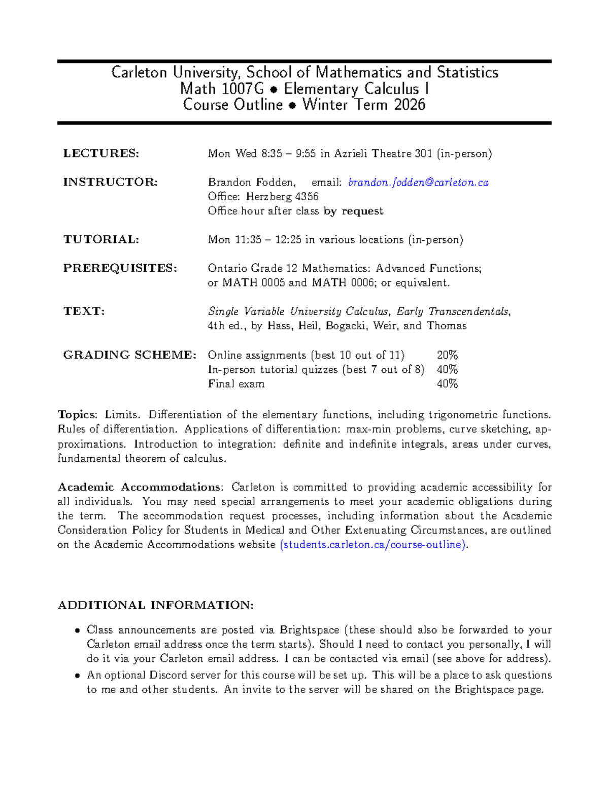Math 1007G Course Outline: Elementary Calculus I - Winter 2026 - Studocu