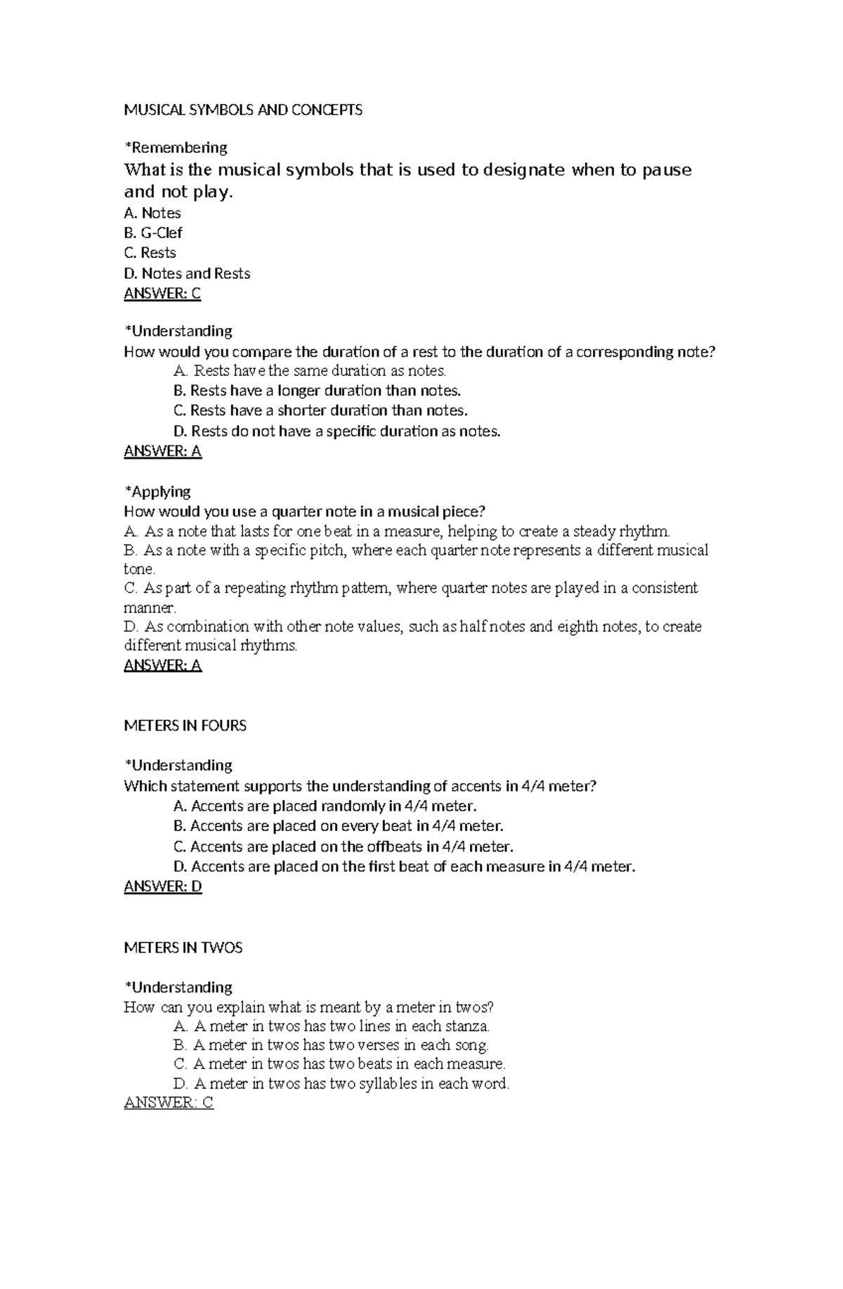 TEST- Questions- Mapeh: Understanding Musical Symbols and Meters - Studocu