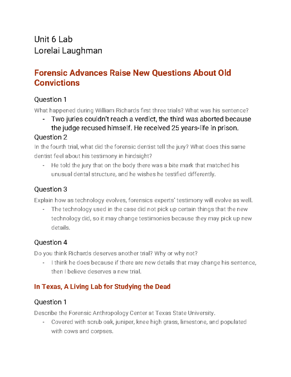 Forensics 2 Unit 6 Lab: Advances in Forensic Science and Old ...