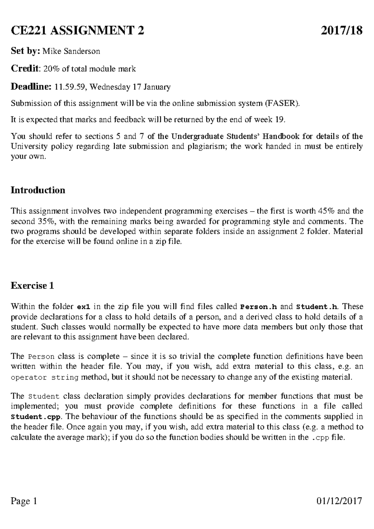 Assignment 2 Brief Ce221 Assignment 2 2017 18 Set By Mike Sanderson