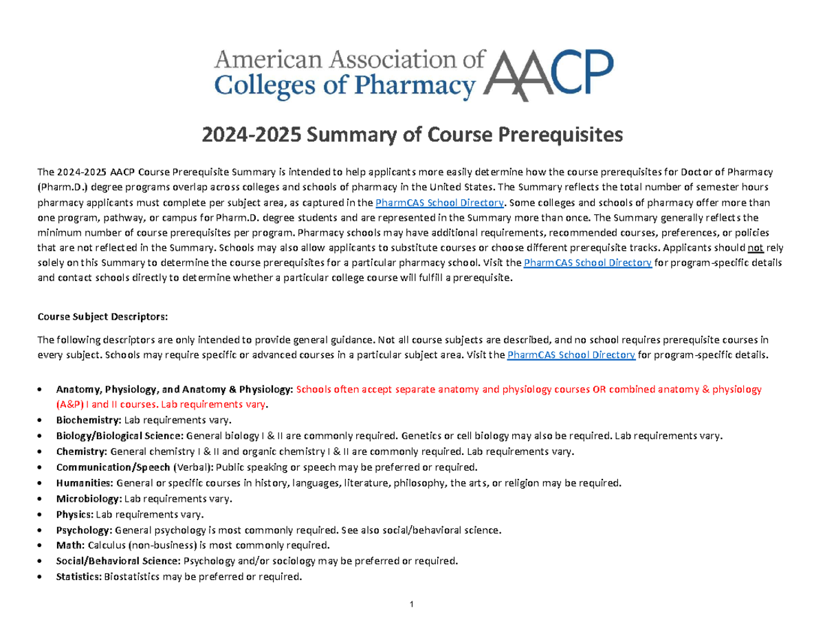 2024-2025 AACP Pharm.D. Course Prerequisite Summary - Studocu