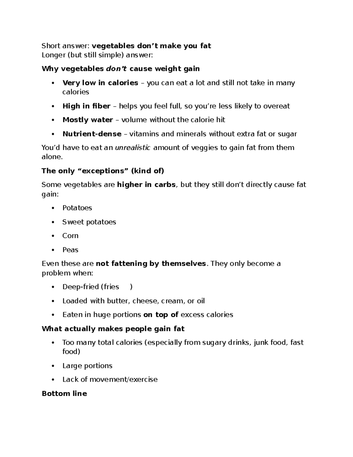 Understanding Vegetables and Weight Gain: Myths vs. Facts - Studocu