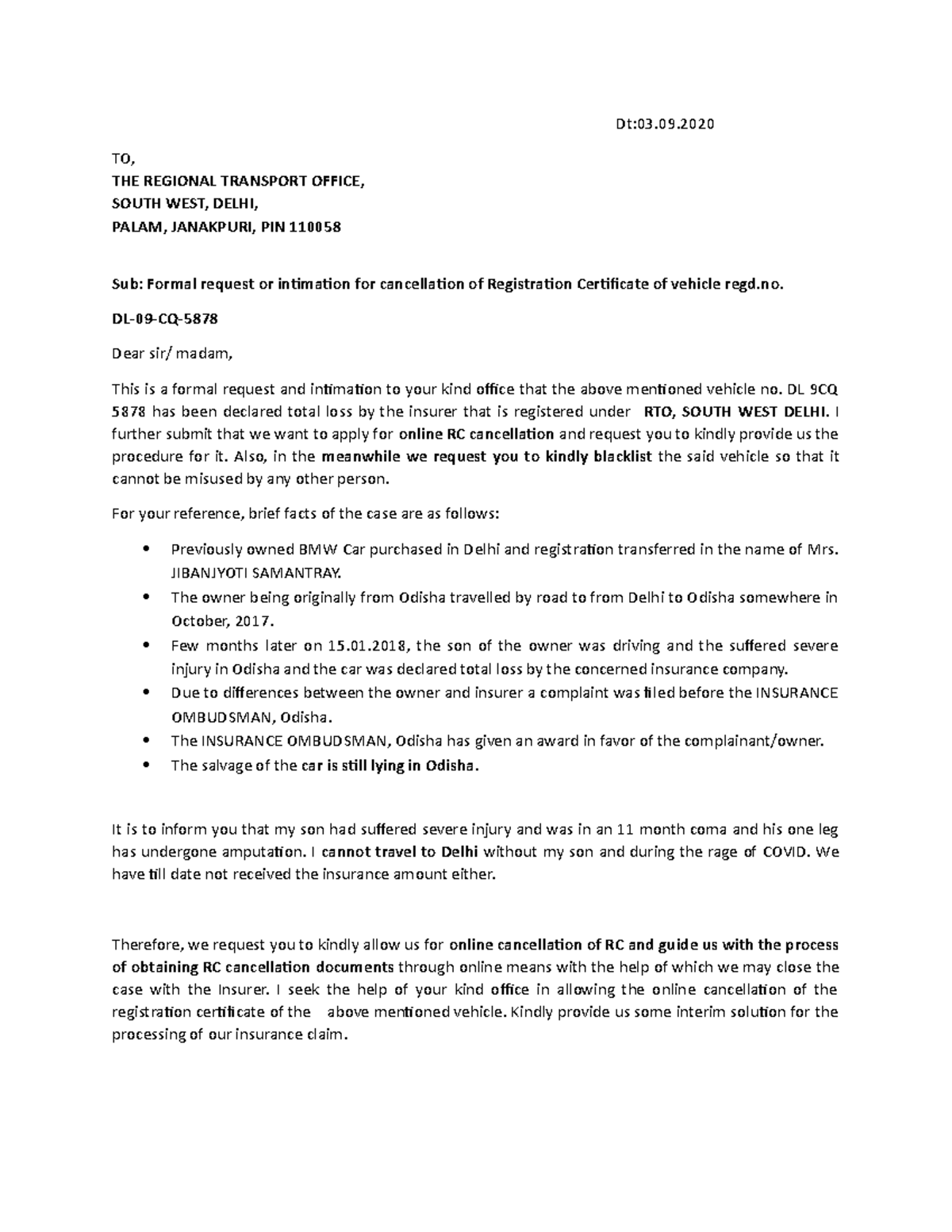 Letter to RTO for RC Cancellation - Vehicle DL-09-CQ-5878 - Studocu