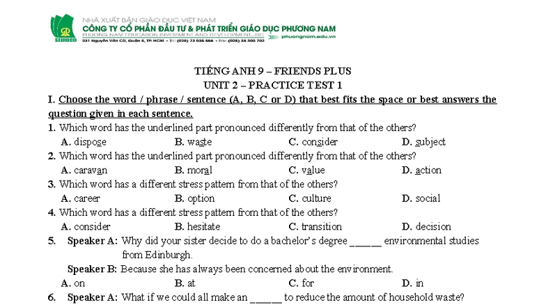 TA 9 Friends Plus Unit 2 Practice Test 1: Vocabulary & Grammar - Studocu