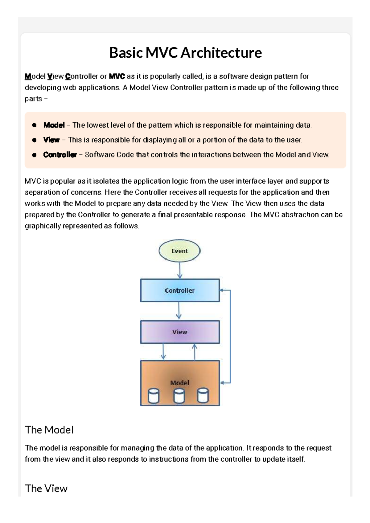 Basic MVC Architecture - Basic MVC Architecture Model View Controller or MVC as it is popularly ...