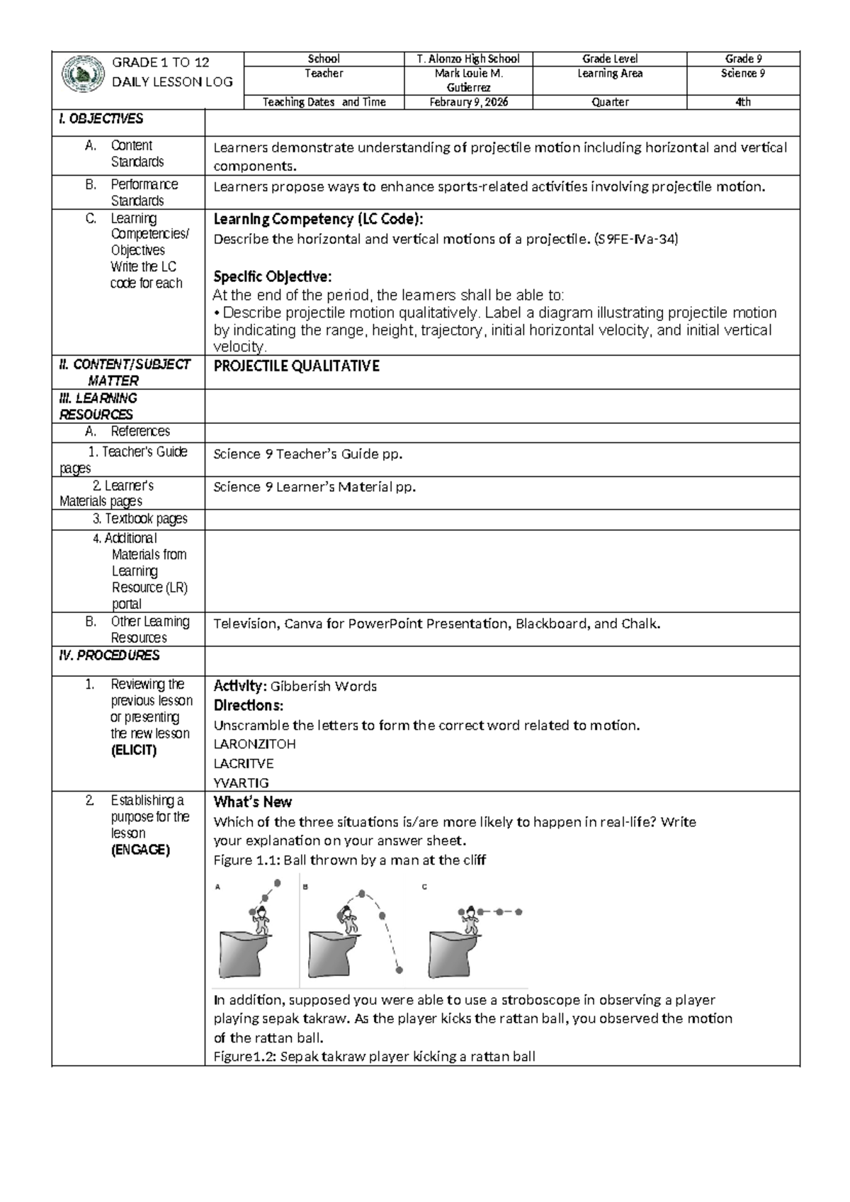 Grade 9 Science Q4 Daily Lesson Log: Understanding Projectile Motion ...