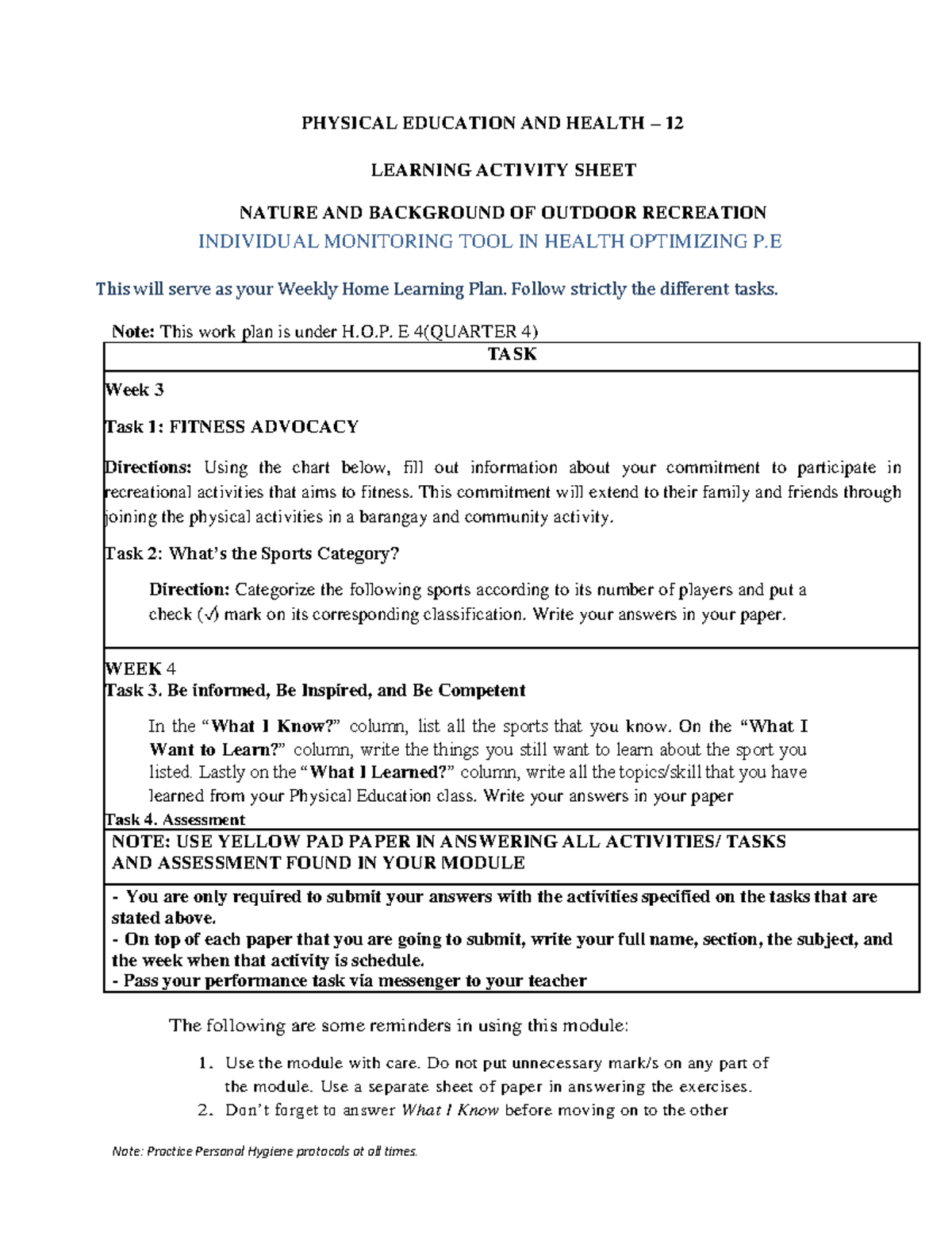 PE G 12 MELC17 Week 3 to 6 - PHYSICAL EDUCATION AND HEALTH – 12 ...