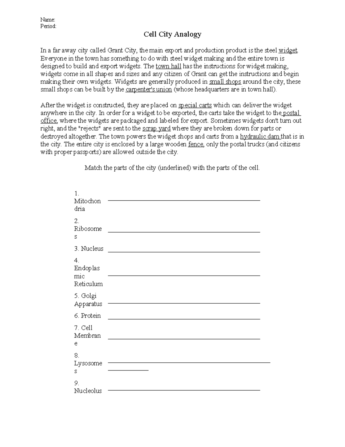 Cell city analogy w - some recent biology assignments. - Name: Period ...